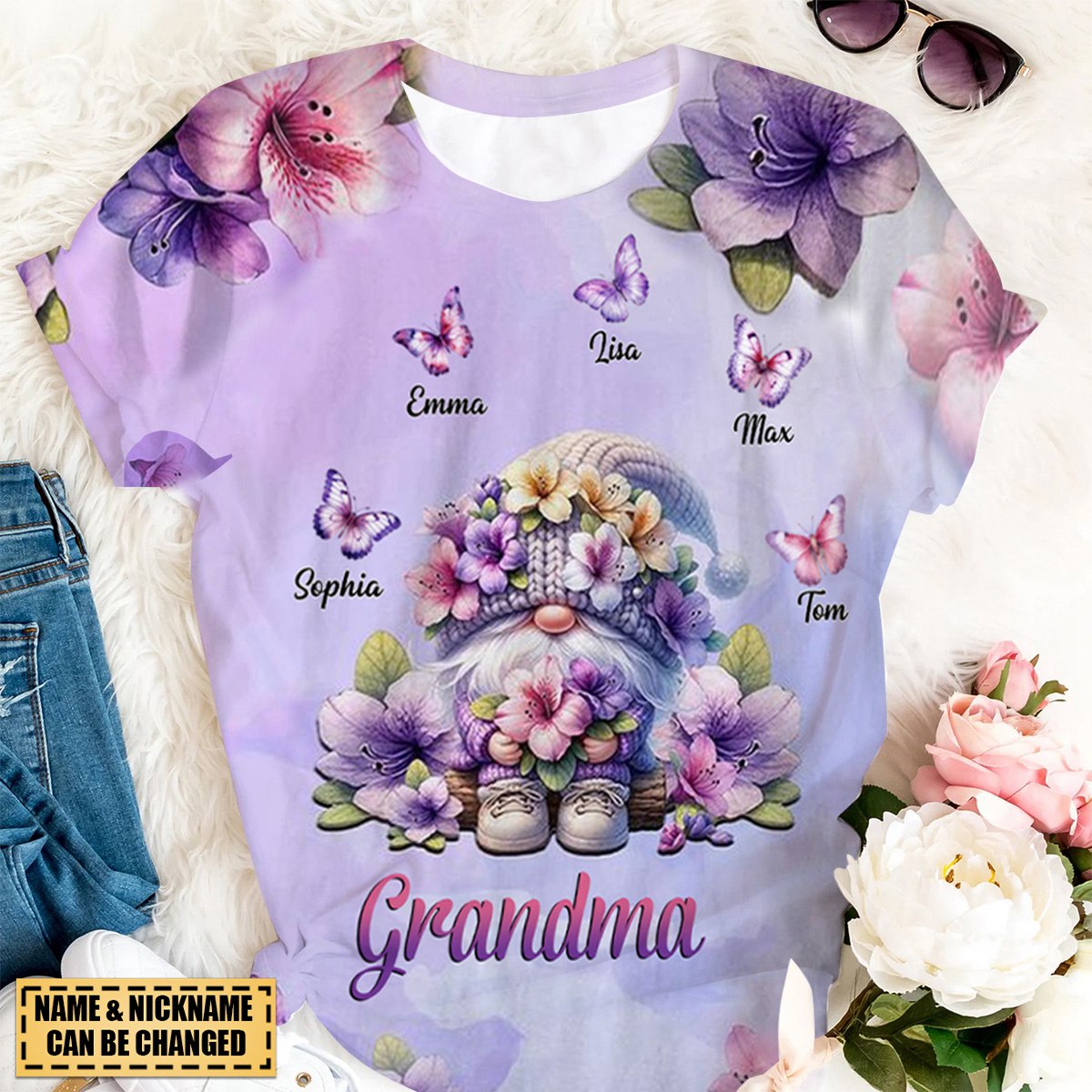 Grandma Dwarf With Purple Flowers And Butterflies Personalized 3D T ...