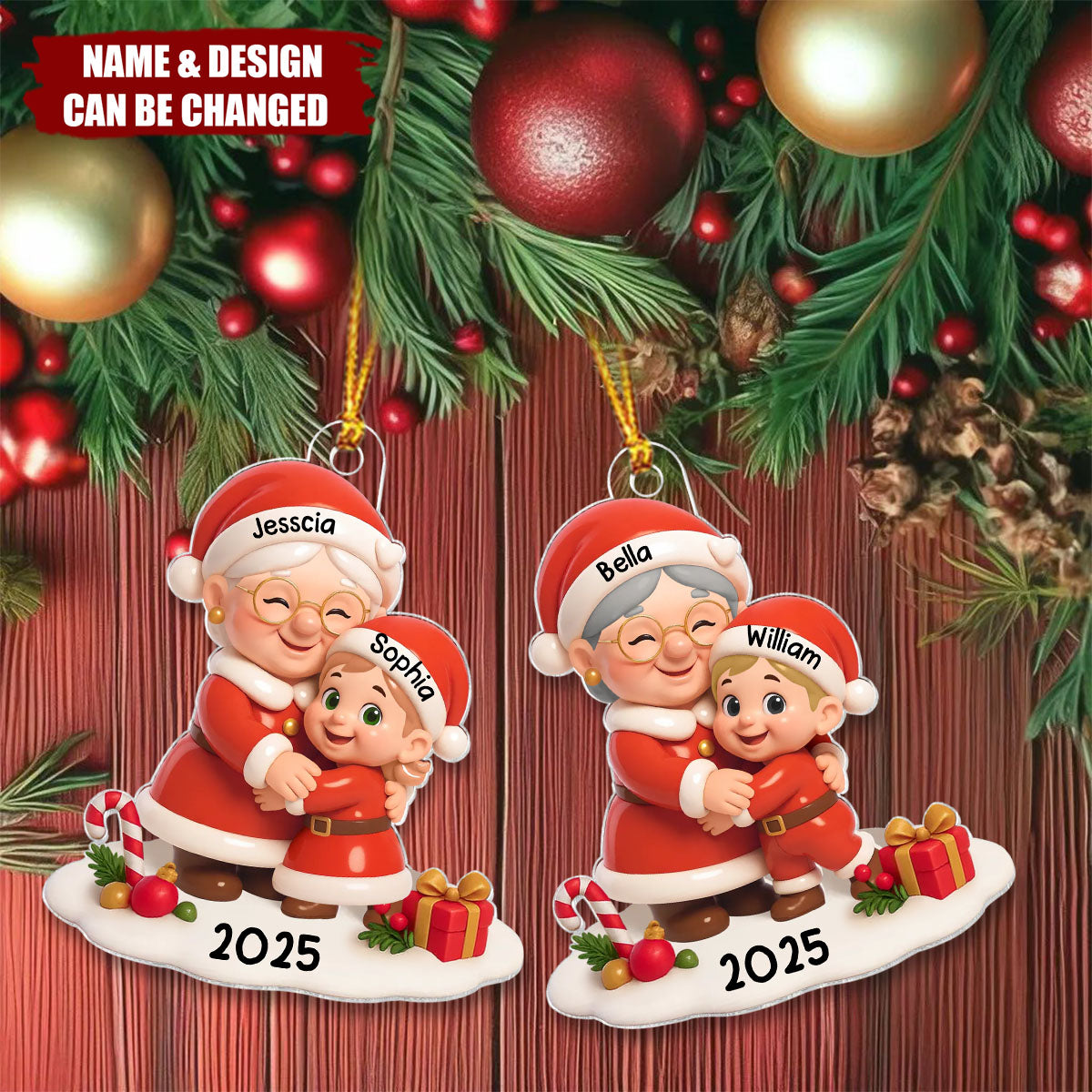 Santa Grandma Hugging Grandkid 3D Effect Personalized Acrylic Ornament ...