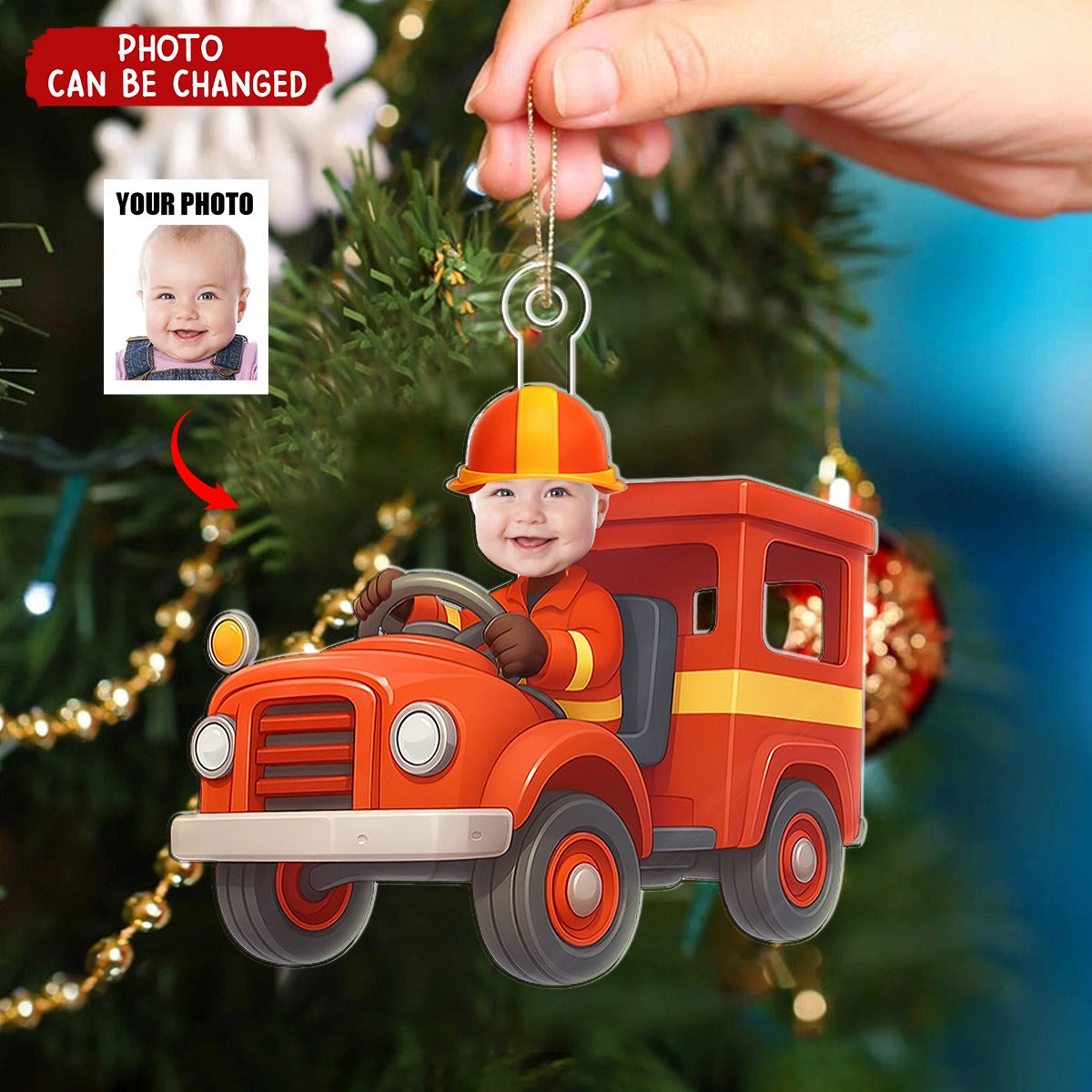 Custom Photo Kid Riding Fire Truck - Acrylic Photo Ornament designed by ...